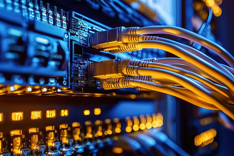 Telecommunication Ethernet Cables Connected To Internet Switch in Data ...