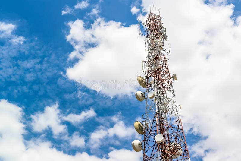 Telecommunication Mast Television Antennas on Blue Sky and Cloud Stock ...