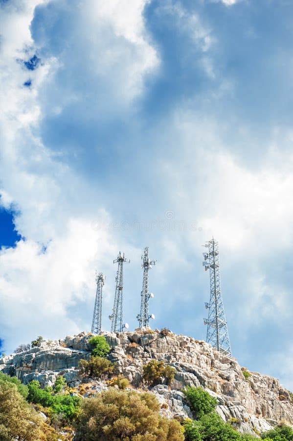 Telecommunication Mobile Antennas on the Hill with Plants Against Sky ...