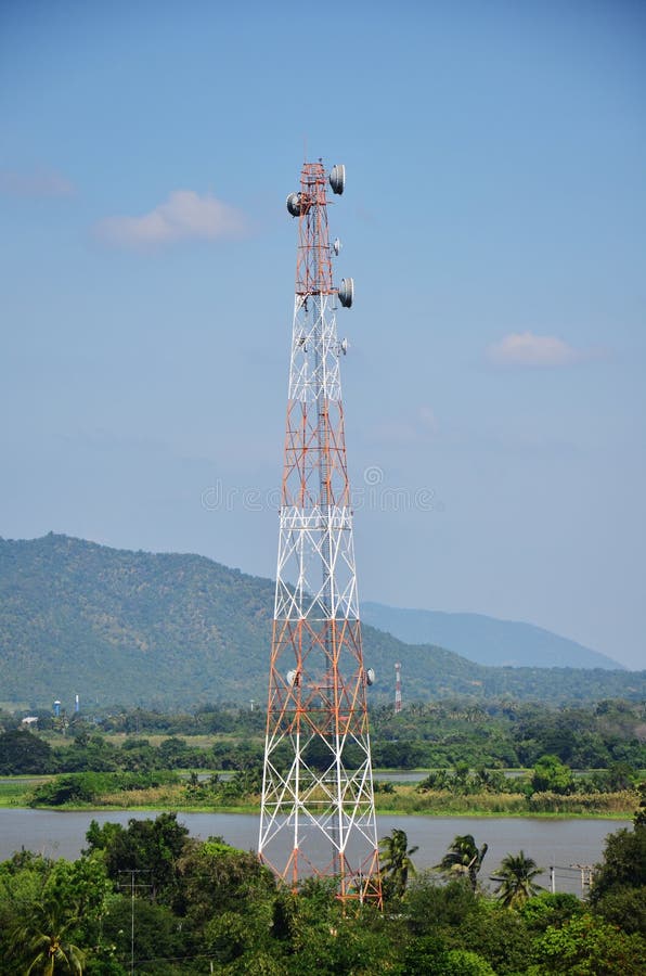 Telecommunication Pole with Sky and Clouds Background Stock Photo ...