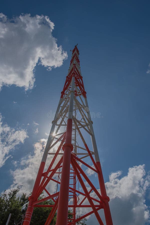 Telecommunication Tall Tower, White and Red and Blue Sky. Stock Image ...