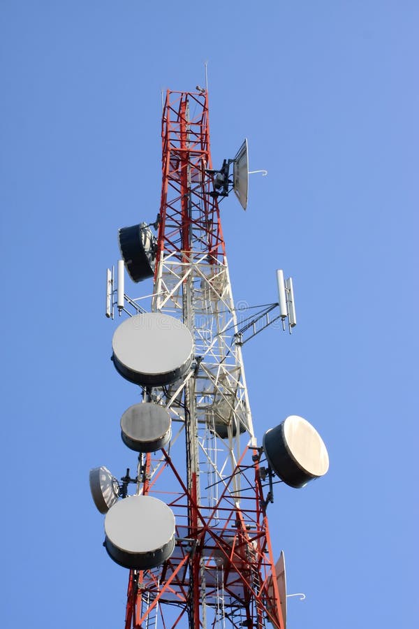 Top of Red Telecommunication Tower with Vertical Panel Antenna and ...