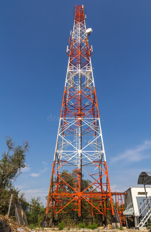 Telecommunication Tower with Antennas Against Blue Sky Stock Image ...
