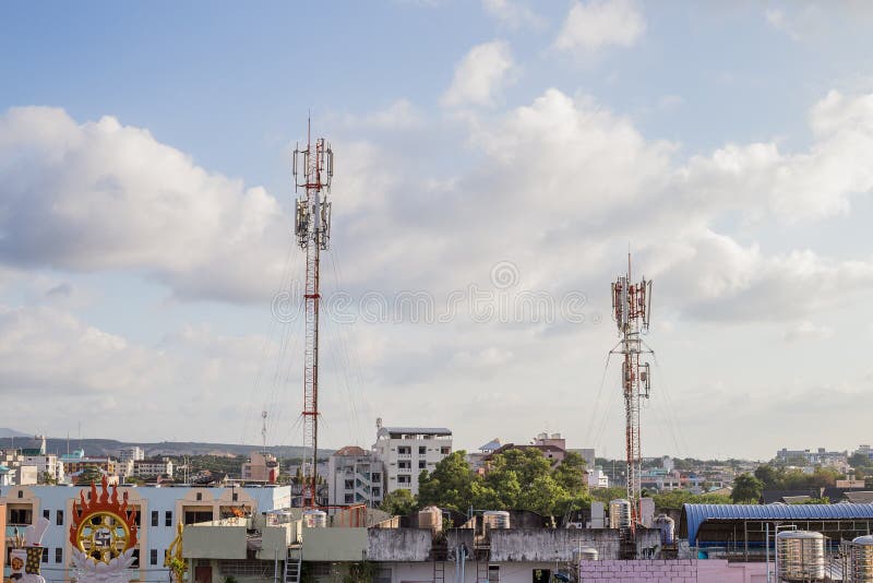 Telecommunication Tower in Community Stock Photo - Image of phone, blue ...