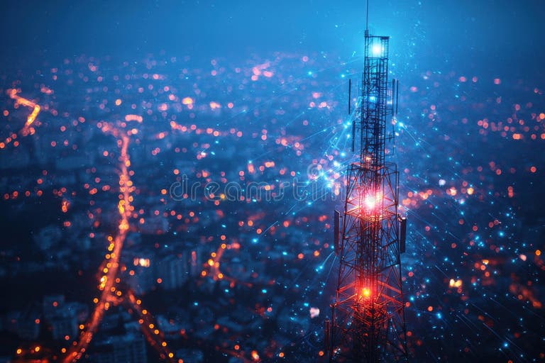 Telecommunication Tower Illuminated at Night Showcasing Advanced ...