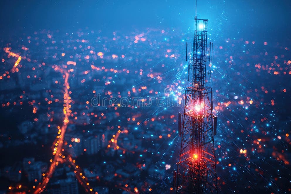 Telecommunication Tower Illuminated at Night Showcasing Advanced ...