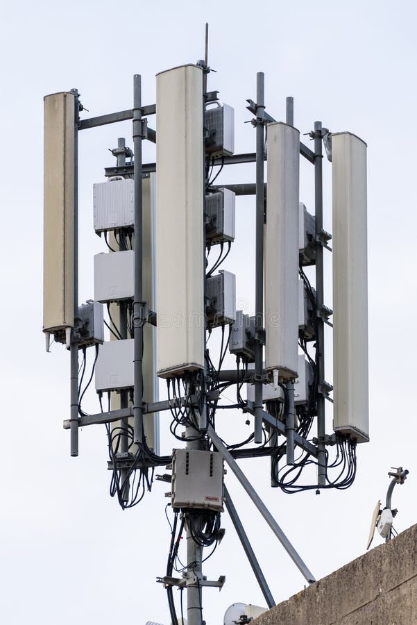 Telecommunication Tower with Multiple Antennas and Cables Stock Photo ...