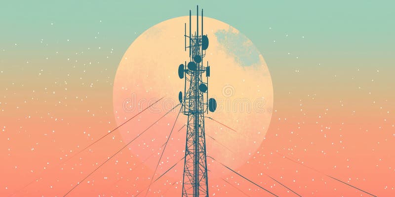 Telecommunication Tower Reaching for the Moon in a Starry Sky Stock ...