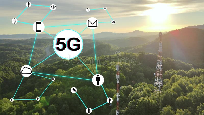 Telecommunication Transmission Towers with Graphics of 5G Connection ...