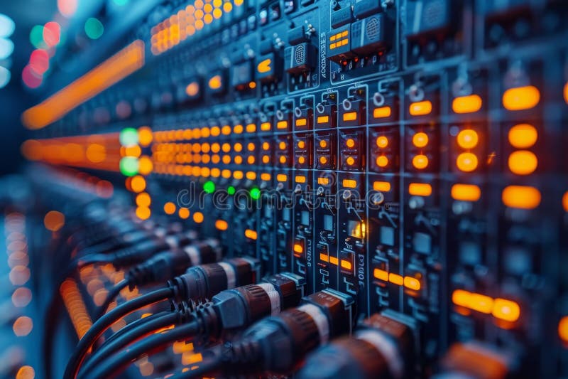 Telecommunications Center with Server Racks, Network Switches, and ...