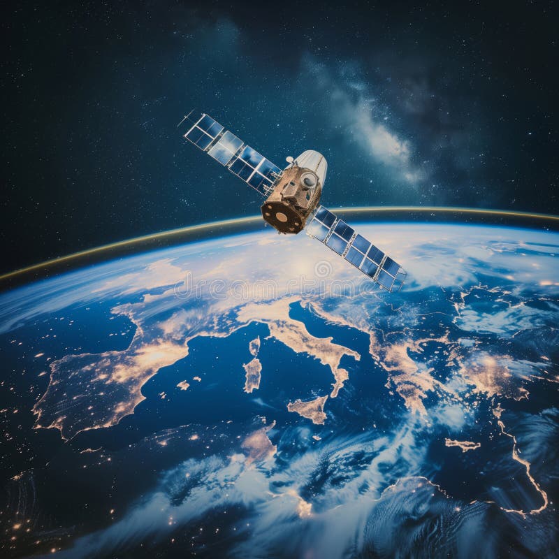 Telecommunications Satellite Orbiting Earth Above Italy at Night Stock ...