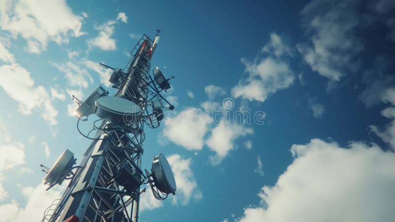 Telecommunications Tower on a Background of Blue Sky with White Clouds ...