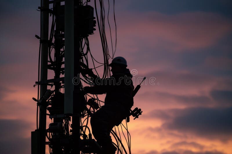 Telecommunications Tower Engineer Performing Maintenance at Sunset ...