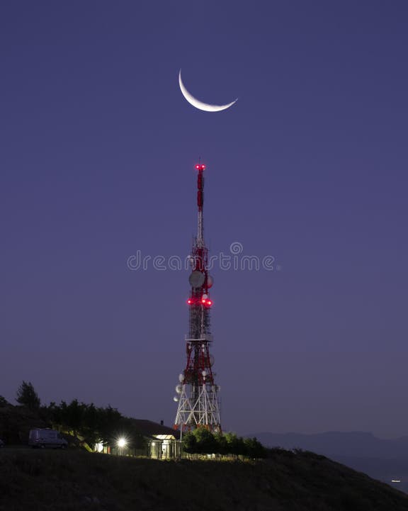 Telecommunications Tower with the Moon at Night Stock Photo - Image of ...