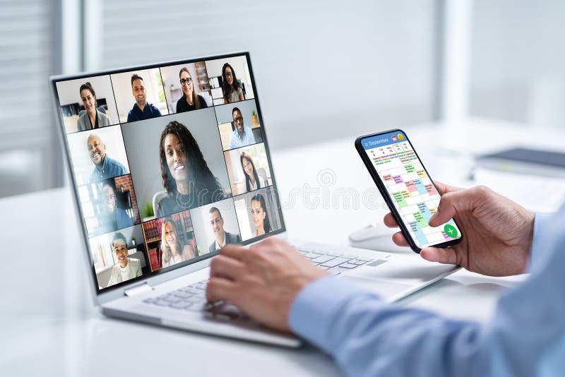 Telecommuting on Desktop Office Computer Stock Image - Image of video ...
