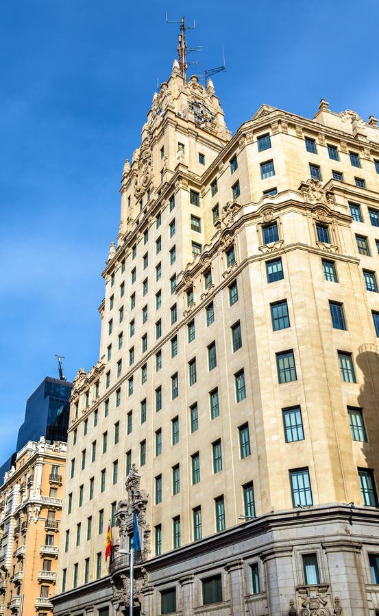 Telefonica Building On Gran Via Street In Madrid Stock Photo - Image of ...