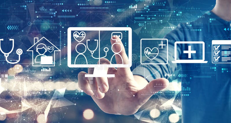 Telehealth Theme with a Man on City Background Stock Photo - Image of ...