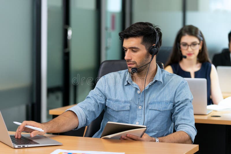 Telemarketer Used Headset Answering Customer Questions Stock Photo ...