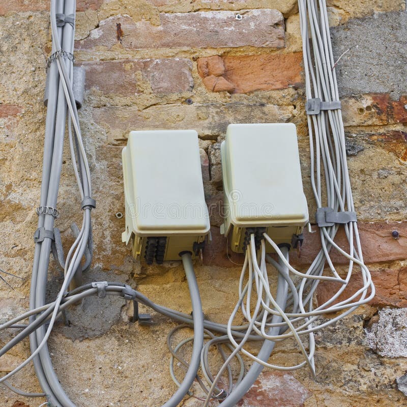 Telephone Cables Roughly Assembled with Plastic Junction Box Against an ...