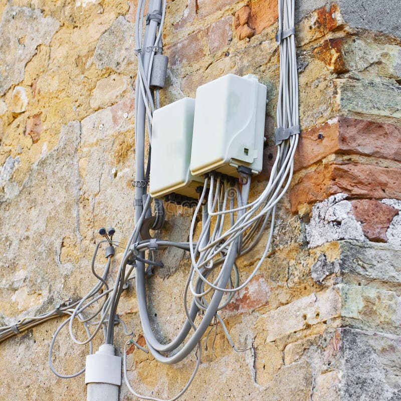 Telephone Cables Roughly Assembled with Plastic Junction Box Against an ...