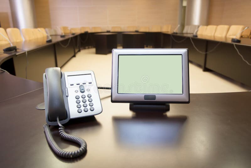 Telephone and Computer Display at Conference Table Stock Image - Image ...
