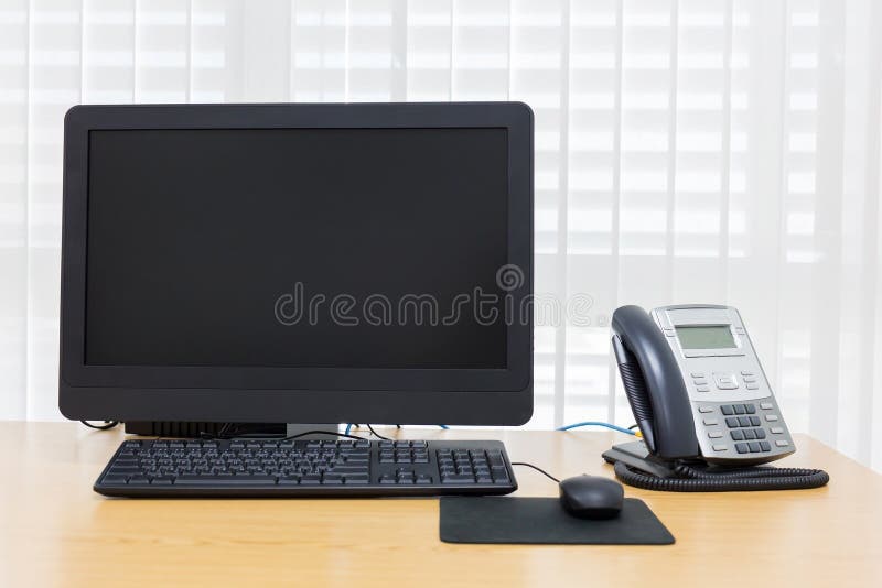 Telephone and Computer on Table Work Stock Photo - Image of mouse ...