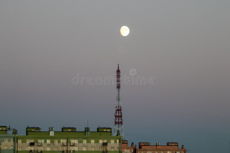 Telephone Network Tower with Moon Stock Photo - Image of dish ...