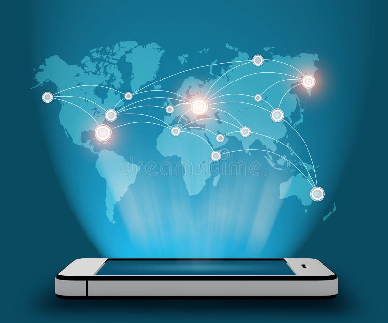 Telephone and World Map with Dots Location Cities Stock Illustration ...