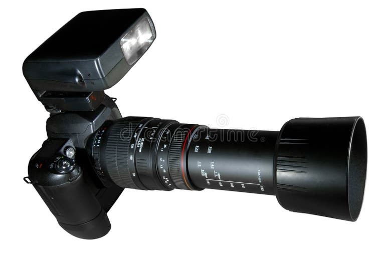 An SLR with flash and fully extended telephoto lens on a white ...