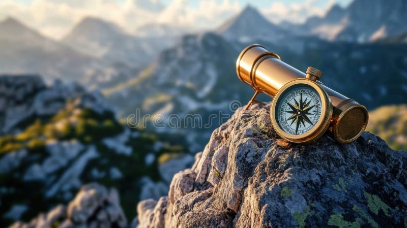 Telescope and Compass on a Peak Symbolizing Exploration and Focus Stock ...