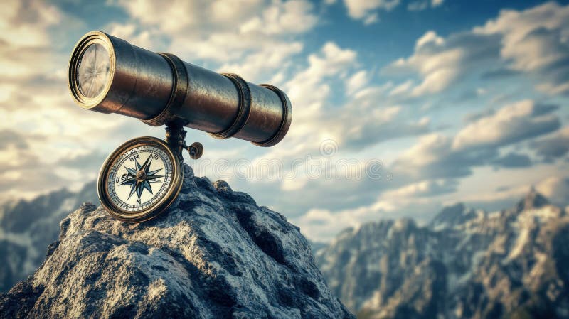 Telescope and Compass on a Peak Symbolizing Exploration and Focus Stock ...