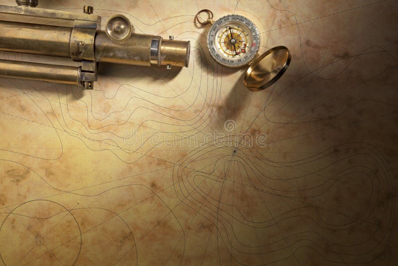 Telescope and Compass with Sea Map Stock Image - Image of antique ...
