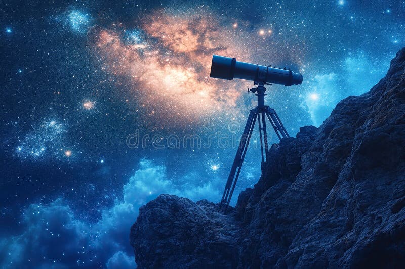 The Telescope is Installed on a Cliff To Observe the Night Sky. Stock ...