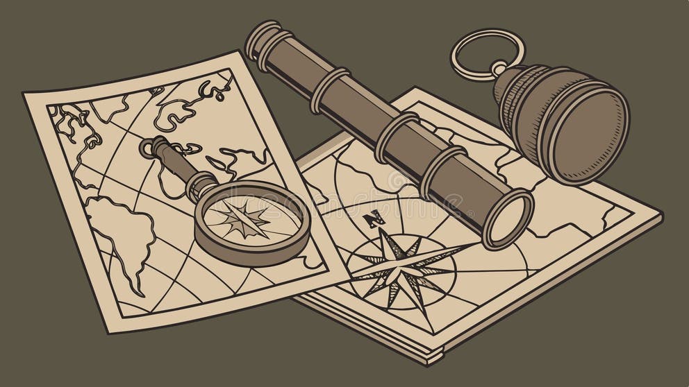 Telescope and Map, Celestial and Terrestrial Exploration, Vector Design ...