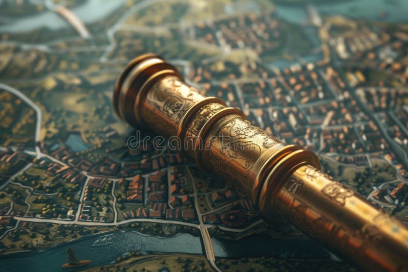 A Telescope Mounted on a Map with a City Skyline in the Background ...