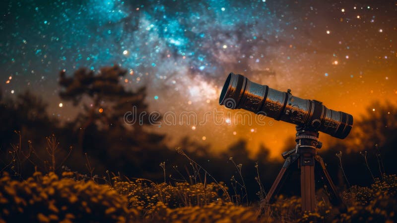 Telescope at night stock illustration. Illustration of universe - 348890411