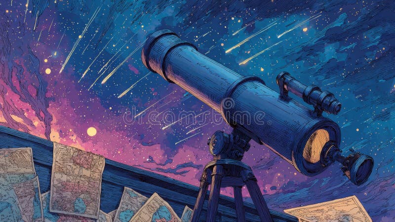 Telescope Observing a Meteor Shower Stock Illustration - Illustration ...