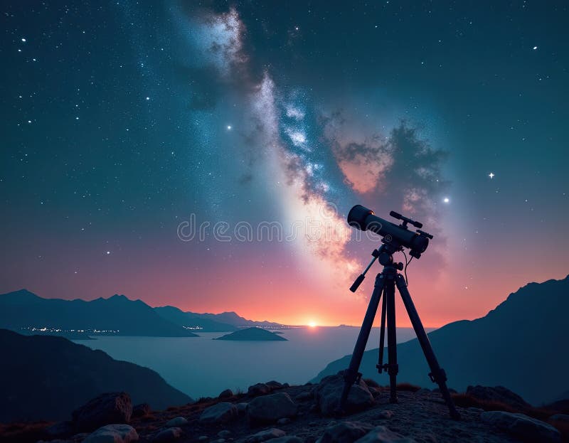 Telescope Pointed at the Milky Way Galaxy Over Mountains at Sunset ...