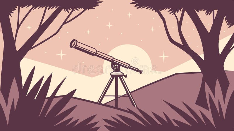 Telescope in Scenic Landscape, Sunset Observation, Vector Design ...