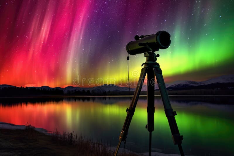 Telescope on Tripod Against a Beautiful Aurora Borealis Backdrop Stock ...
