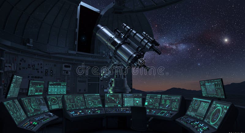 Telescope Viewing Night Sky in Observatory with Control Panels Stock ...