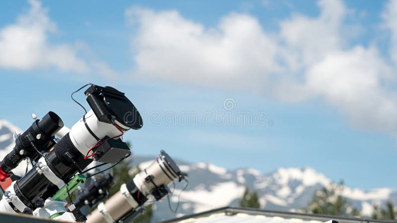 Telescopes on Observatory Rooftop with Mountain View Stock Image ...