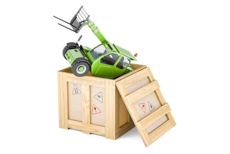Telescopic Handler Inside Wooden Box, Delivery Concept. 3D Rendering ...