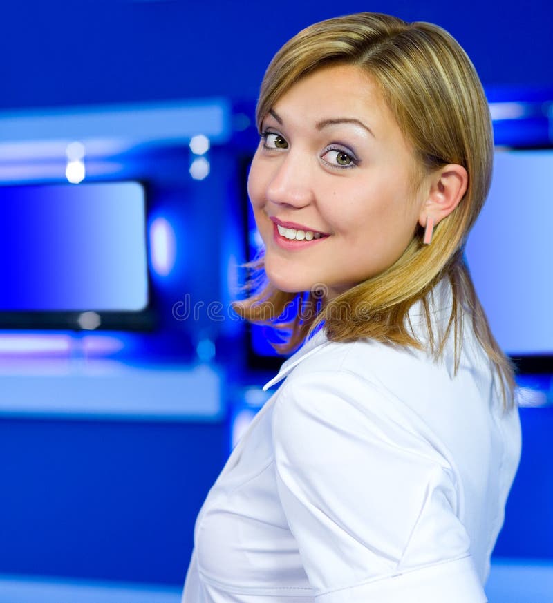 Television Anchorwoman at TV Studio Stock Photo - Image of european ...