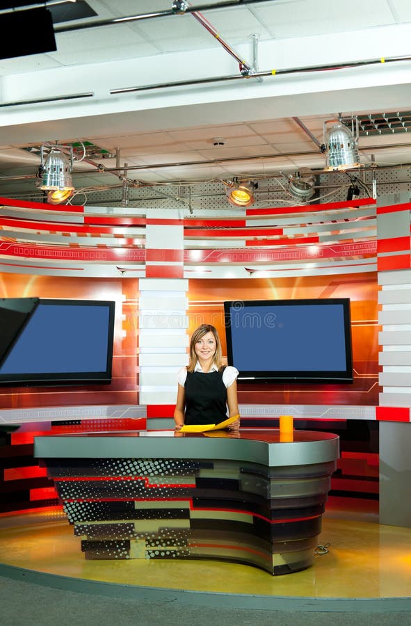 Television Anchorwoman at TV Studio Stock Photo - Image of live, look ...