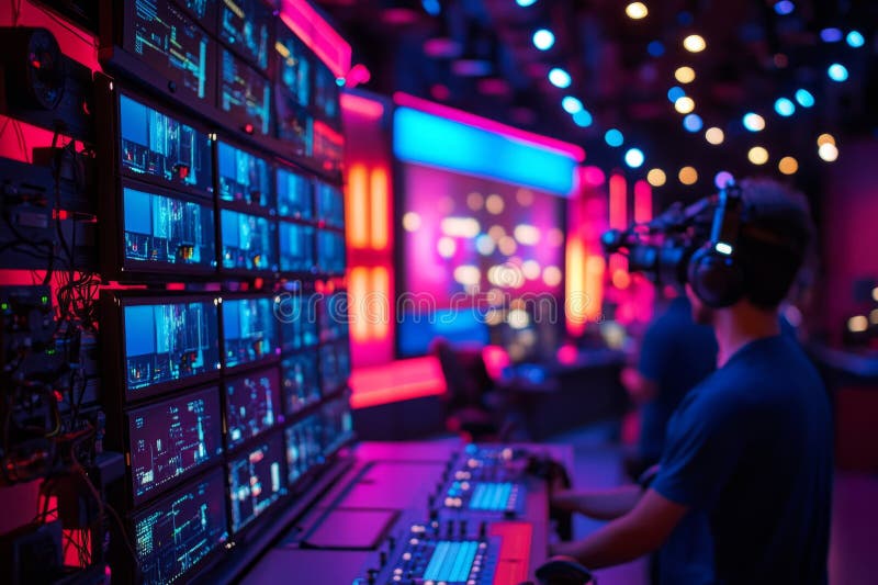 Television Broadcast Gallery Control Room with Video Engineers Working ...