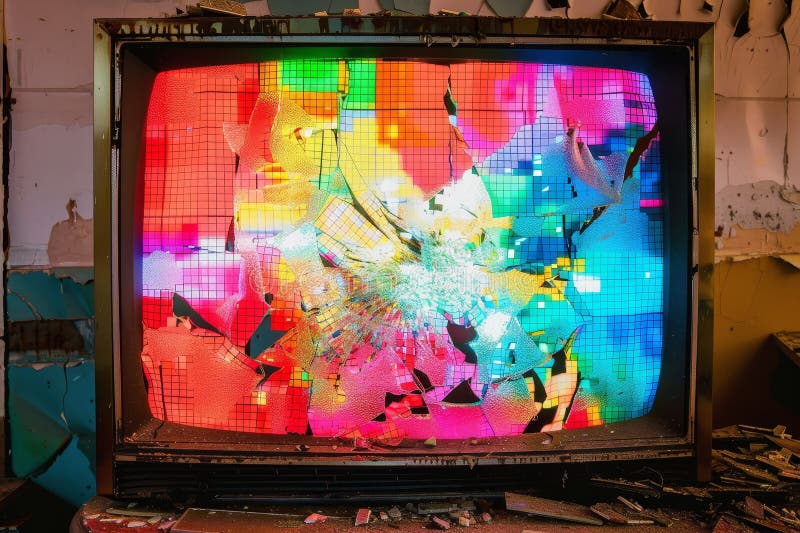 A Television with a Broken Screen Displaying Colorful Pixelated Patterns in a Room, a Broken TV ...