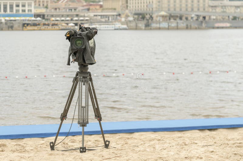 Television Camera on the River Beach. Camera for Taking Pictures on the ...
