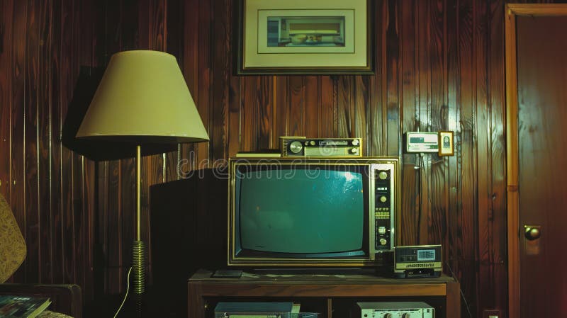 A Television and Lamp in a Room with Wood Paneling Stock Photo - Image ...