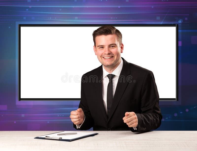 Television Program Host with Big Copy Screen in His Back Stock Image ...